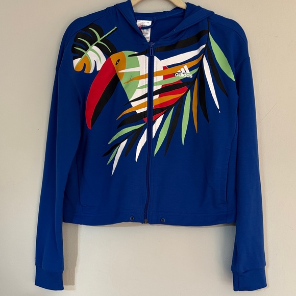 adidas | Tops | Adidas Blue Hoodie With Colorful Toucan Design | Poshmark